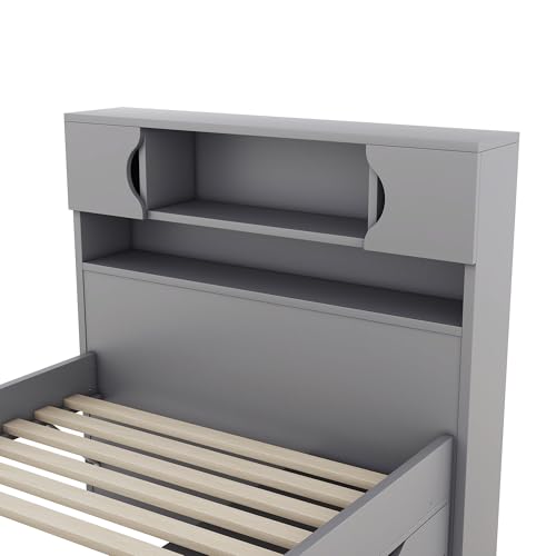 DEYOBED Twin Size Captain Platform Bed with Storage Bookcases, Shelves and 4 Drawers, Twin Wood Storage Platform Bed with Removable Storage Space for Kids, Boys and Girls, Gray