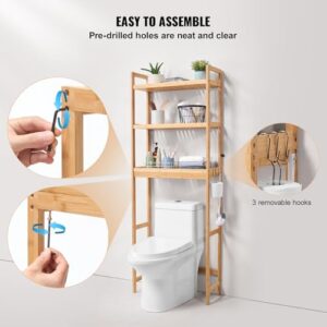 VEVOR Over The Toilet Storage, 3-Tier Adjustable Over Toilet Bathroom Organizer, Bamboo Storage Shelf Rack with 3 Hooks, Freestanding Easy Assembly Laundry Space Saver, Fit Most Toilets