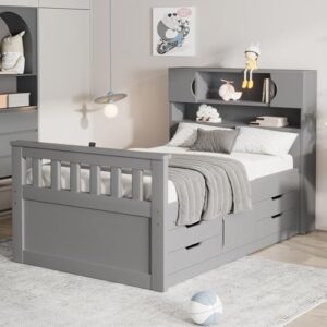 deyobed twin size captain platform bed with storage bookcases, shelves and 4 drawers, twin wood storage platform bed with removable storage space for kids, boys and girls, gray