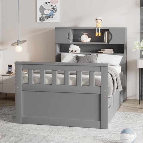 DEYOBED Twin Size Captain Platform Bed with Storage Bookcases, Shelves and 4 Drawers, Twin Wood Storage Platform Bed with Removable Storage Space for Kids, Boys and Girls, Gray