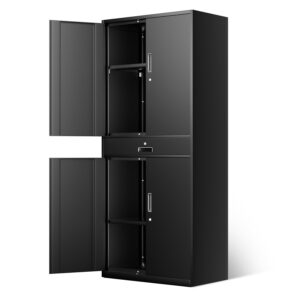 dna motoring metal storage cabinet, 71'' rolling garage cabinet with 1 drawer and adjustable shelves, lockable cabinet heavy duty utility cabinet for garage,office,home,gym, black, tools-00629-bk-bk