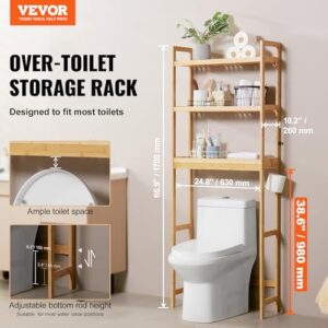 VEVOR Over The Toilet Storage, 3-Tier Adjustable Over Toilet Bathroom Organizer, Bamboo Storage Shelf Rack with 3 Hooks, Freestanding Easy Assembly Laundry Space Saver, Fit Most Toilets