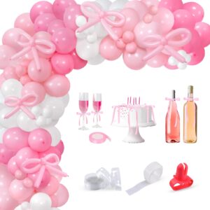 pink bow balloon arch kit, 160 pcs pink bow balloons garland with long balloons and satin ribbon for bow birthday decor, coquette birthday decortions, bridal shower, bow party decorations