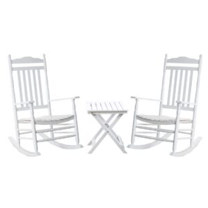 bplusz outdoor patio wooden rocking chairs small folding side table set 3 piece furniture, 2 rockers and 1 foldable end table, porch bistro balcony, white