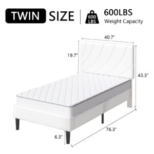 HOMBCK Twin Size Bed Frames with Headboard, Upholstered Twin Size Platform Bed Frame for Kids Girls, Leather White Twin Bed Frame with Wood Slats, No Box Spring Needed, White