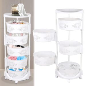 pinelicorn 5 tier kitchen rotating storage rack,multi-layer storage basket with wheels,white storage shelves racks,rotating shelf organizer,rolling storage cart for kitchen living room bedroom