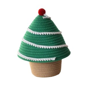 storage basket with lid, small rope basket with lid, christmas tree design cotton rope woven for bedroom, desktop, bedside, green