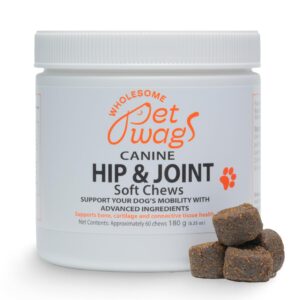 wholesome pet wags canine hip & joint soft chews | supplement for dogs, glucosamine, collagen, chondroitin, turmeric supplements, dog joint health support | 60 chews (180g, 6.35 oz.)