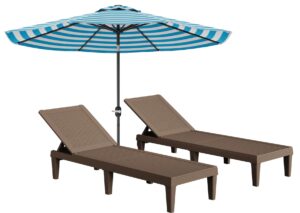 greesum outdoor patio chaise chair (set of 2) with 9ft umbrellas, 5-position waterproof sun lounger, for pool, garden, brown and white blue