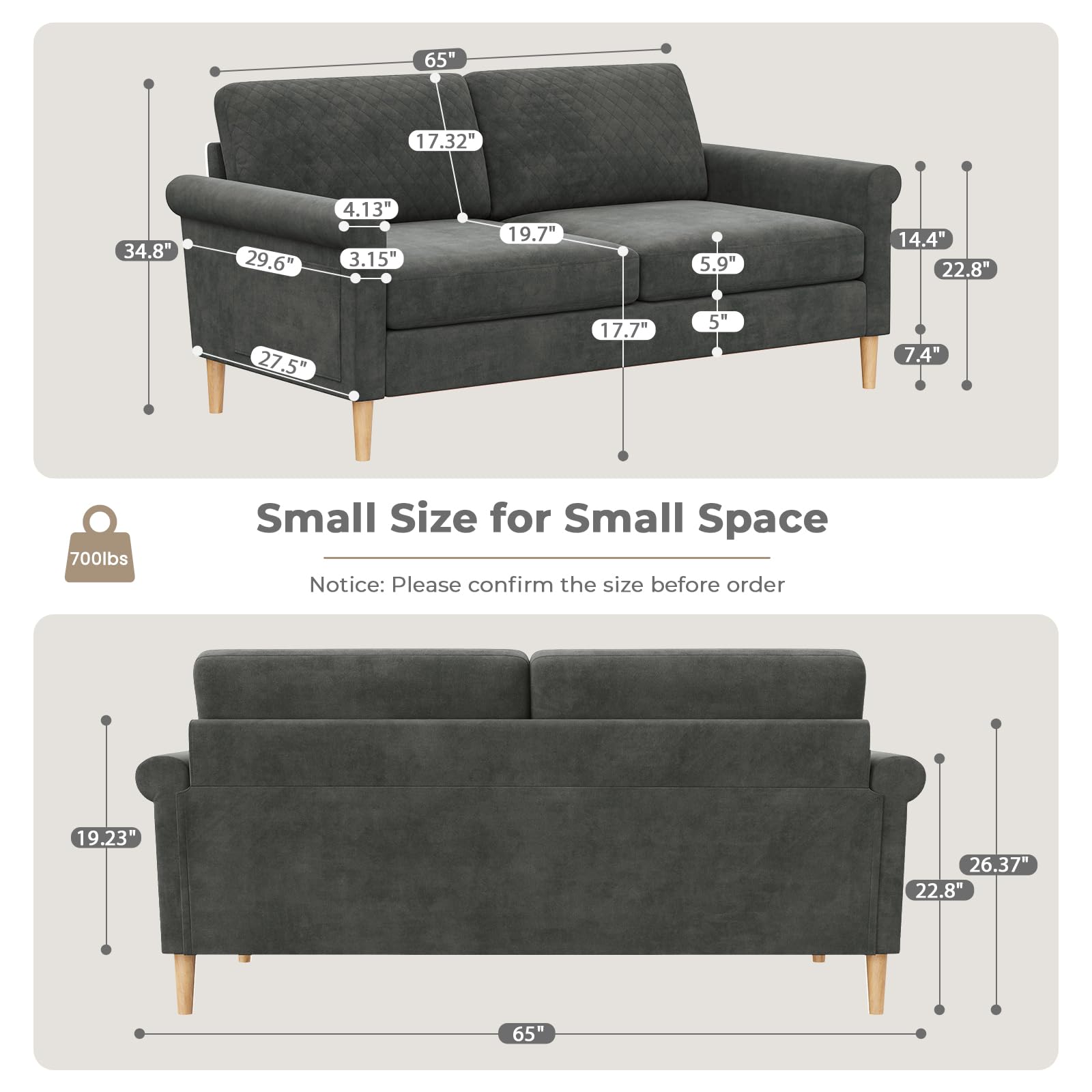 Vesgantti 65" Grey Loveseat, Comfy Small Couch, Mid Century Modern Decor Loveseat Sofa, Couches for Living Room, Small Couch for Bedroom, 2-Seat Sofa Living Room Furniture,No Tool Fast Assembly