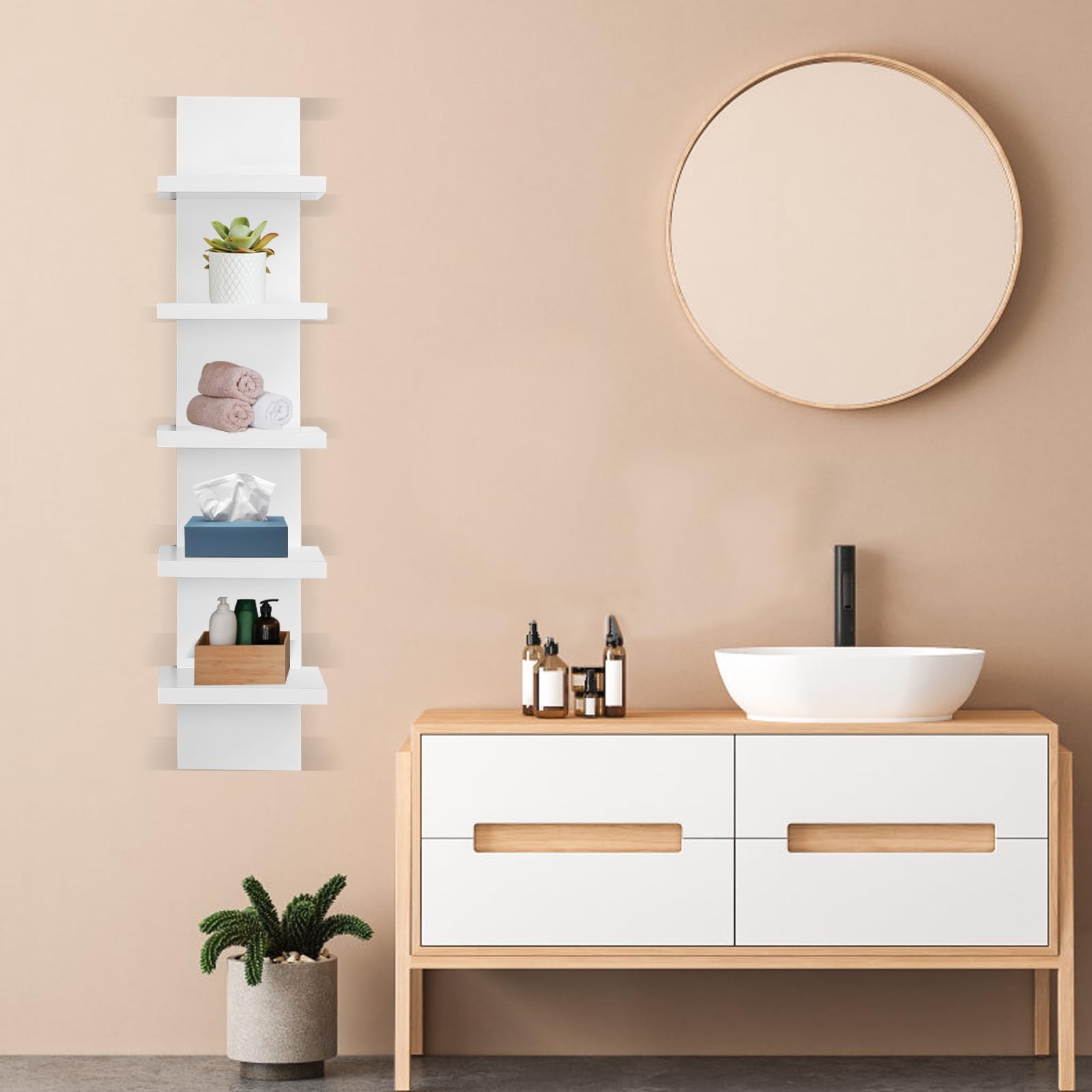 5 Tier Wall Shelf Unit - Narrow Smooth Laminate Finish - Vertical Column Wall Decor Mount Floating Storage Home Decor Organizer Tall Tower Utility Shelf for Bedrooms, Bathrooms，Living Rooms(White)