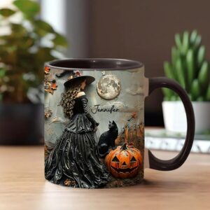 beautiful witch personalized witch accent mug, personalized halloween mug for women custom witch ceramic mug, customized halloween mug gift for her, soul sister, best friend, woman