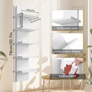 5 Tier Wall Shelf Unit - Narrow Smooth Laminate Finish - Vertical Column Wall Decor Mount Floating Storage Home Decor Organizer Tall Tower Utility Shelf for Bedrooms, Bathrooms，Living Rooms(White)