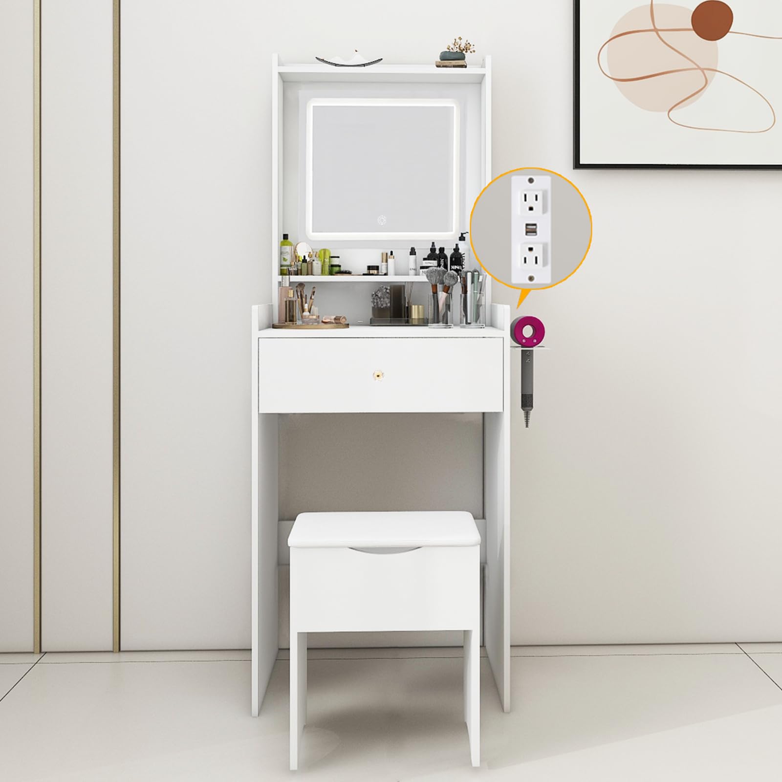 Hestiasko Small Vanity Desk with Mirror and Lights, 3 Lighting Modes Small Vanity with Chair and Outlet, Vanity Set for Bedroom, Vanity Small Place with Drawer Organizer Set, White