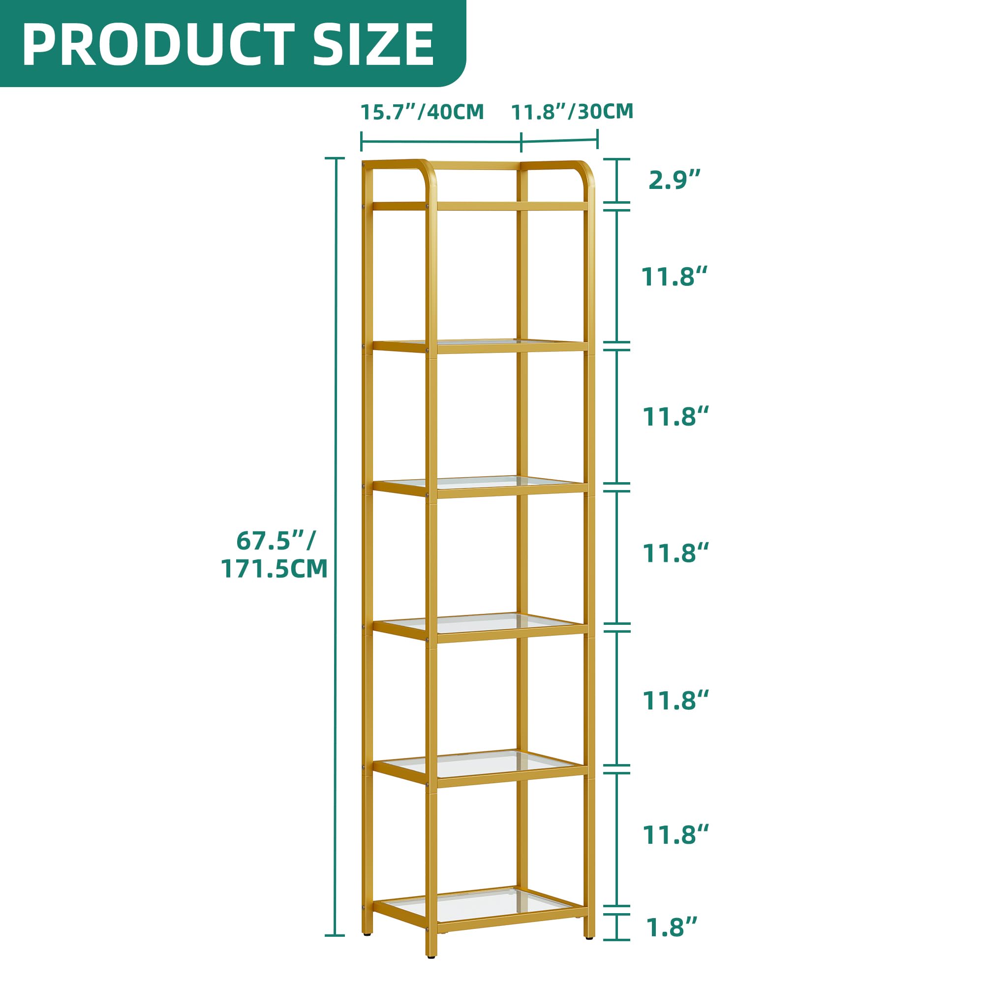 YITAHOME 6-Tier Bookshelf, Tempered Glass Bookshelf, Slim Shelving Unit for Bedroom, Bathroom, Home Office, Steel Frame, Gold