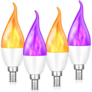 vihose 4 pcs e12 led flame light bulbs 3 mode flickering fire light bulb e12 candelabra chandelier base candle flame lamp halloween christmas party porch indoor outdoor, 1.2 w, 1800 k(purple, orange)