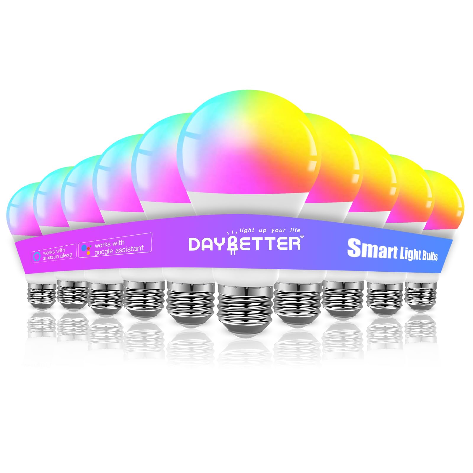 DAYBETTER Smart Light Bulbs, Alexa Light Bulbs, Smart Bulbs that Work with Alexa and Google Assistant, Color Changing Light Bulb, RGBCW WiFi & Bluetooth Dimmable LED Light Bulb, A19 E26 800LM, 10 Pack