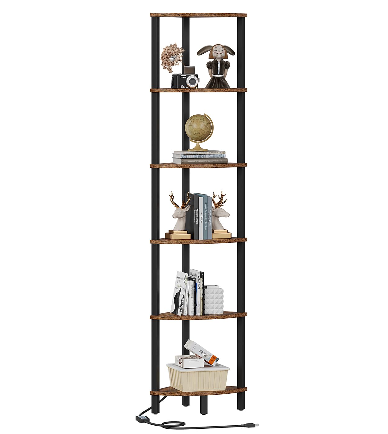 VIMBER 6-Tier Corner Shelf with LED Light, Industrial Corner Ladder Shelf, Rustic Display Shelf for Living Room, Bedroom, Kitchen, Home Office, Sturdy Frame, Rustic Brown and Black UJSJ002F