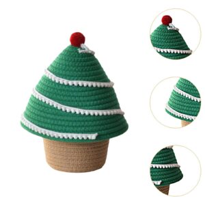 Storage Basket with Lid, Small Rope Basket with Lid, Christmas Tree Design Cotton Rope Woven for Bedroom, Desktop, Bedside, Green