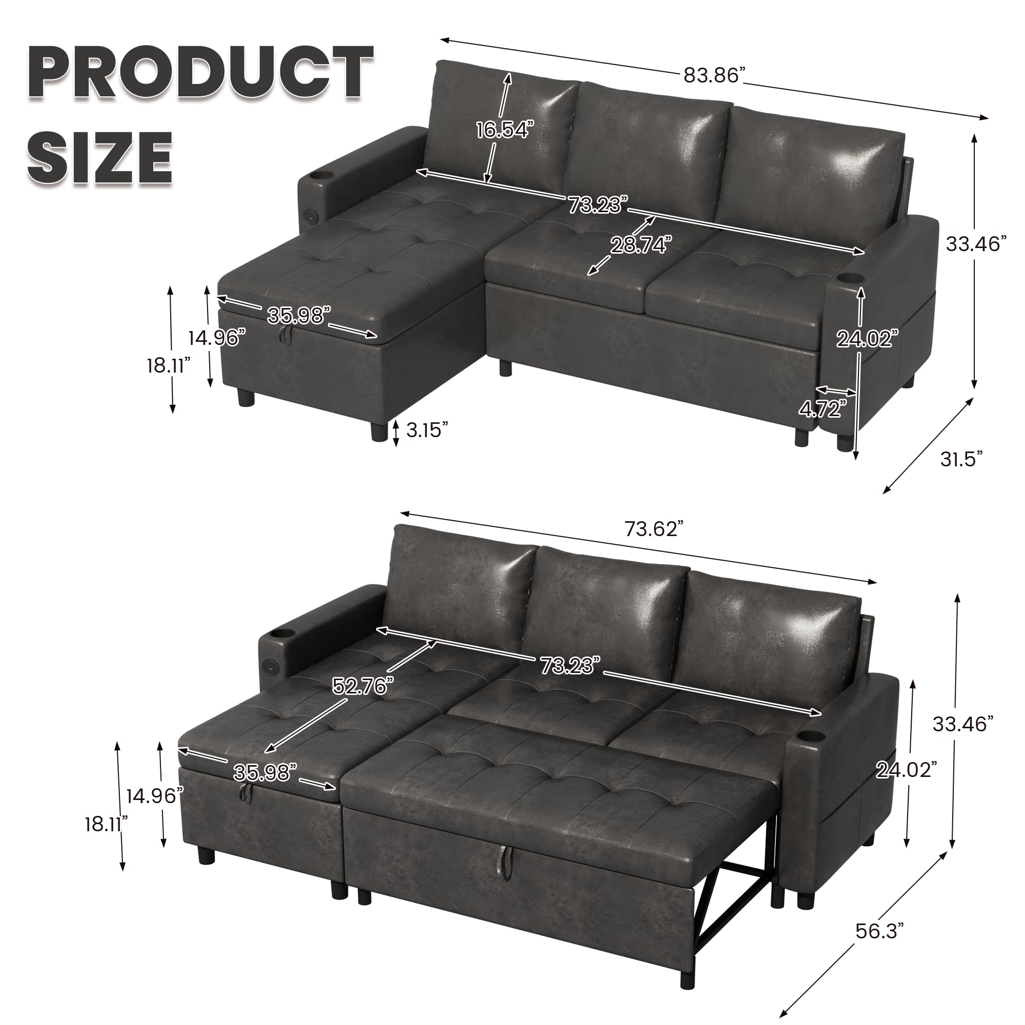 Danrelax Faux Leather L Shaped Sofa, L Shape Couch, Pull Out Bed with USB and Cup Holder, Storage Sofa Cama, Queen Sofa Bed, Sleeper Sofa Couch for Living Room, Sofa Bed Couch, Black