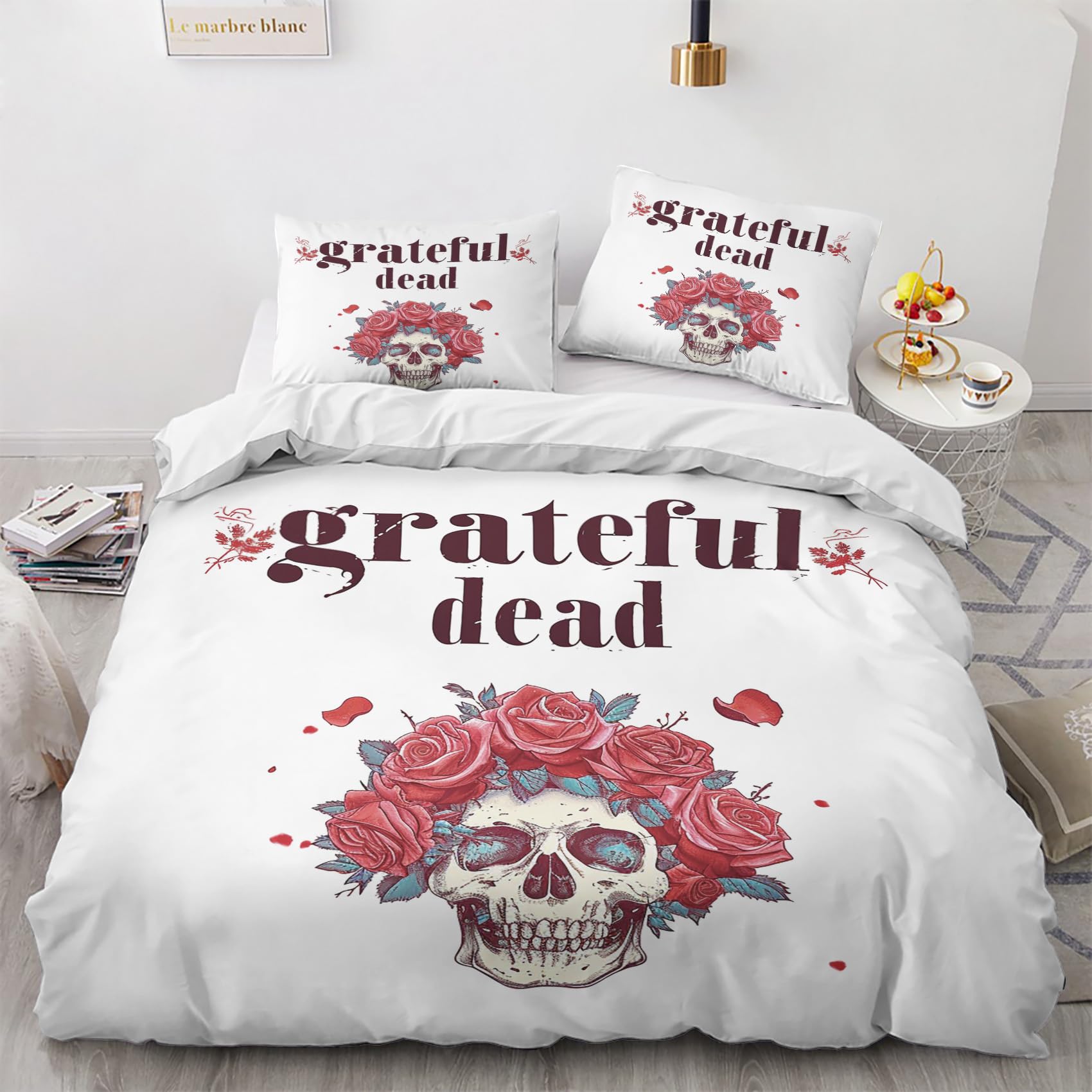 AopGlyvyr Grateful Dead Duvet Cover Queen Size, Sugar Skull Comforter Cover, Day of The Dead Bedding Set, Breathable Duvet Cover with Zipper Closure, 3 Pieces with 1 Duvet Cover and 2 Pillowcase