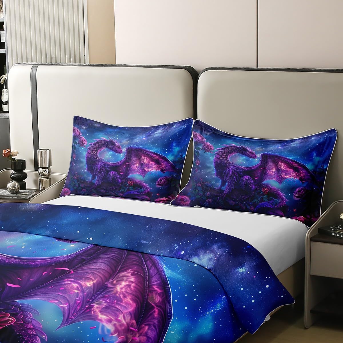 Erosebridal 100% Cotton 3D Dragon Duvet Cover Twin Size, Animals Starry Sky Printed Comforter Cover, Flowers Safari Bedroom Decor Bedding Set for Bed, Purple Blue Wildlife Kids Boys Quilt Cover