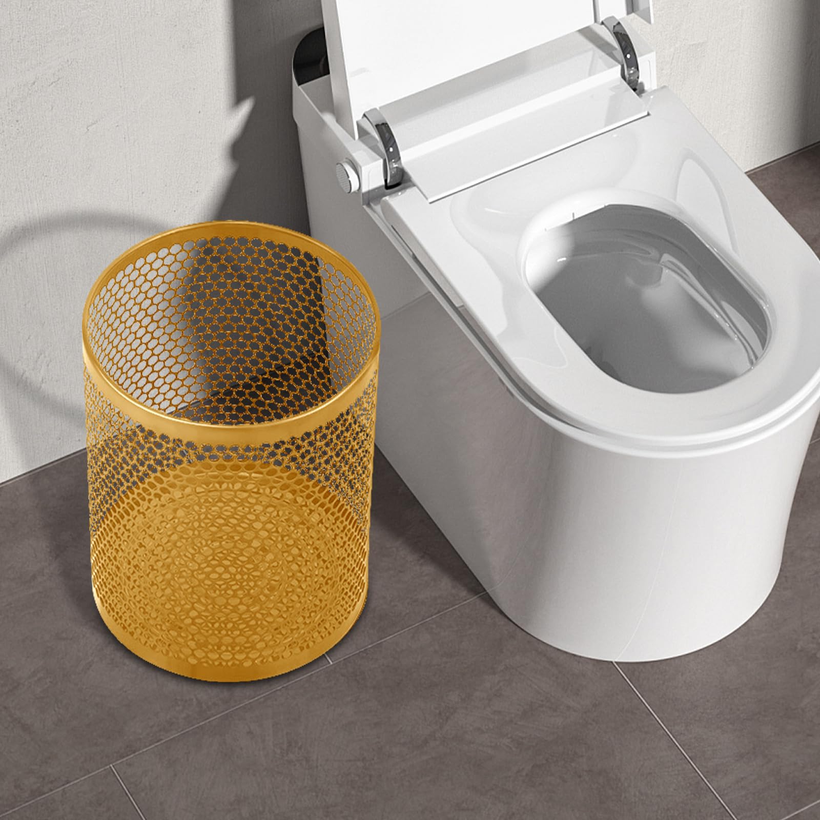 Ayiwiee Gold Mesh Wastebasket for Bathroom, Brass Wire Trash Can, 3.5 Gallon / 12L Round Mesh Stainless Steel Wastebasket Trash Can, Recycling Bin for Home, Office, Bedroom Kitchen