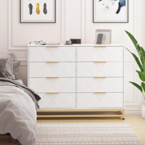 Patikuin 8 Dresser for Bedroom Wooden with 8 Drawer, Chest of Drawers Wide Dresser with Metal Handle, White Dresser for Bedroom,Living Room,Hallway and Entryway