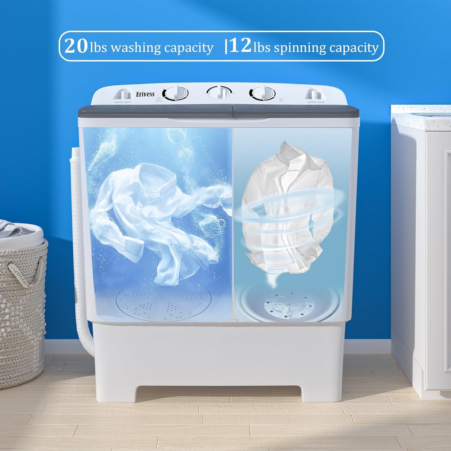 Erivess Compact Mini Twin Tub 32 lbs Washing Machine with Drying Rack& 10 Hangers, 20 lbs Washer Mini Compact Laundry Machine and 12 lbs Spinner, Convenient and Efficient for Dorms, Apartment