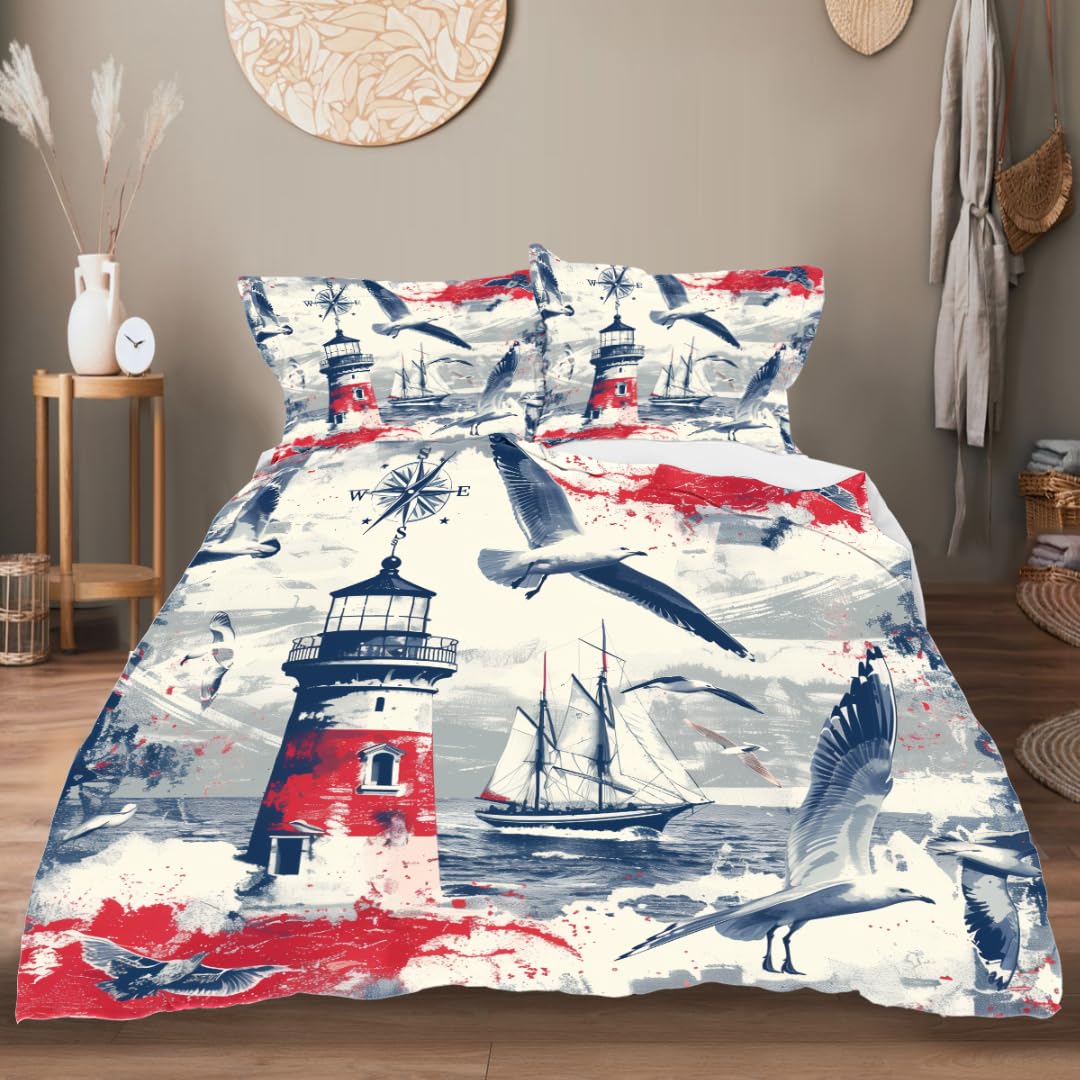 Nautical Dreams Duvet Cover Queen Size 3D Printed Duvet Cover Set Lighthouse Sailboat Seagull Voyage Exploration Bedding Set Home Decoration Comforter Cover Cozy Quilt Cover with 2 Pillowcases