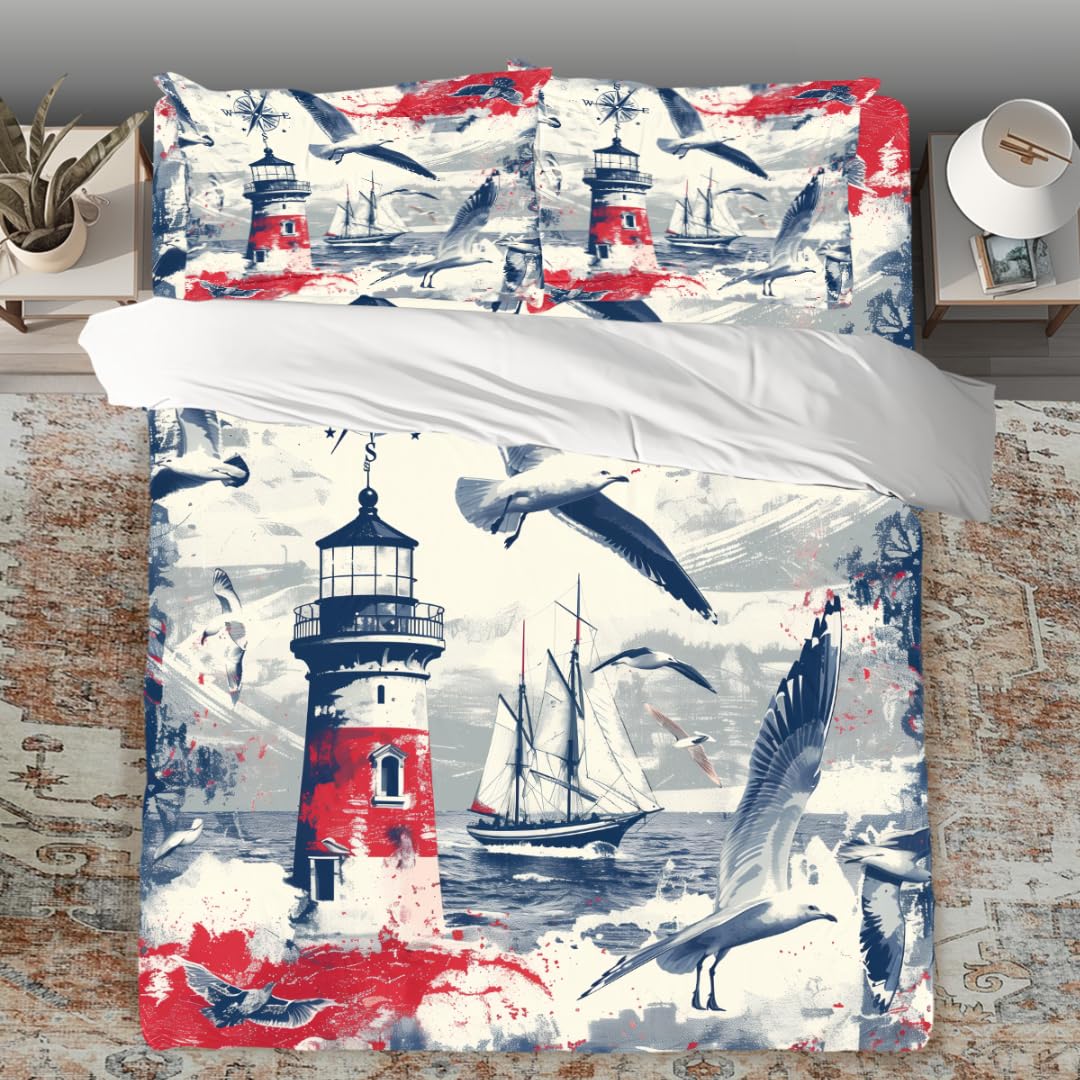 Nautical Dreams Duvet Cover Queen Size 3D Printed Duvet Cover Set Lighthouse Sailboat Seagull Voyage Exploration Bedding Set Home Decoration Comforter Cover Cozy Quilt Cover with 2 Pillowcases