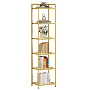 yitahome 6-tier bookshelf, tempered glass bookshelf, slim shelving unit for bedroom, bathroom, home office, steel frame, gold