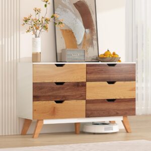 kozido 47 inch 6 drawer wood dresser, modern double dresser, wooden storage cabinet for bedroom, living room, hallway, entryway - caramel & walnut & white