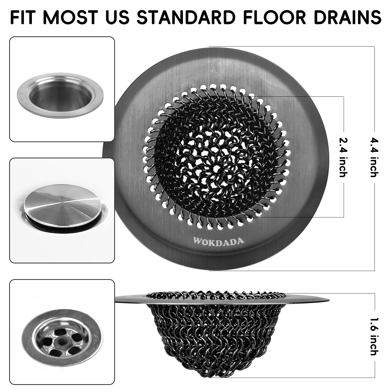 Bathtub Drain Hair Catcher, Wokdada Fast Drainage Shower Drain Hair Catcher, Reversible 304 Stainless Steel Drain Protector for Pop-Up and Regular Drains of Bathroom (Patented Product), Black