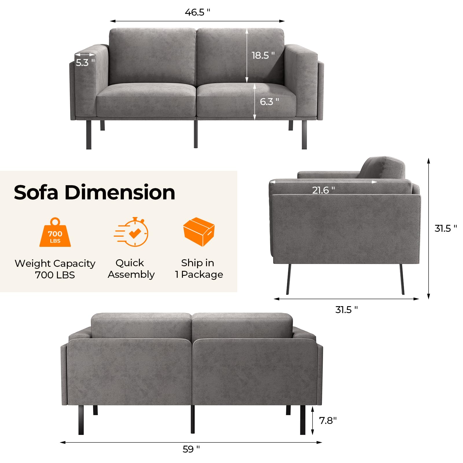 Fadware Loveseat Sofa, 59'' Small Couch for Bedroom Comfy Linen Love Seat, Modern 2-Seater Mini Love Seats Couches with Thickened Back Cushions for Small Spaces, Apartment, Dorm, Office, Grey