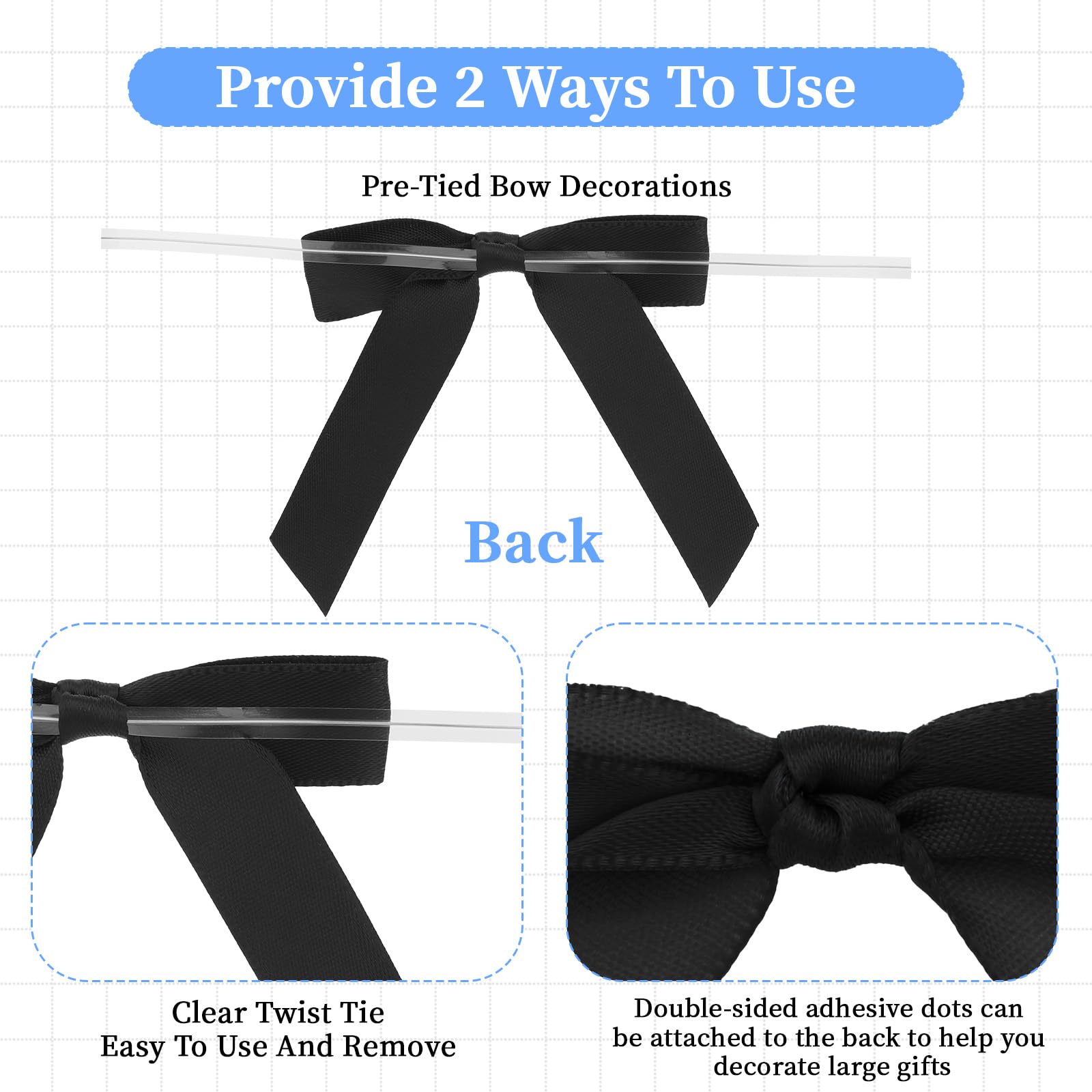 JJUNW 50Pcs Twist Tie Bows, Black Satin Ribbon Bows, Wedding Favor Ribbon Bows, 3'' Pre-Tied Gift Bows for Gift Wrapping Treat Bag Present Craft Birthday Party Bridal Shower Halloween Thanksgiving