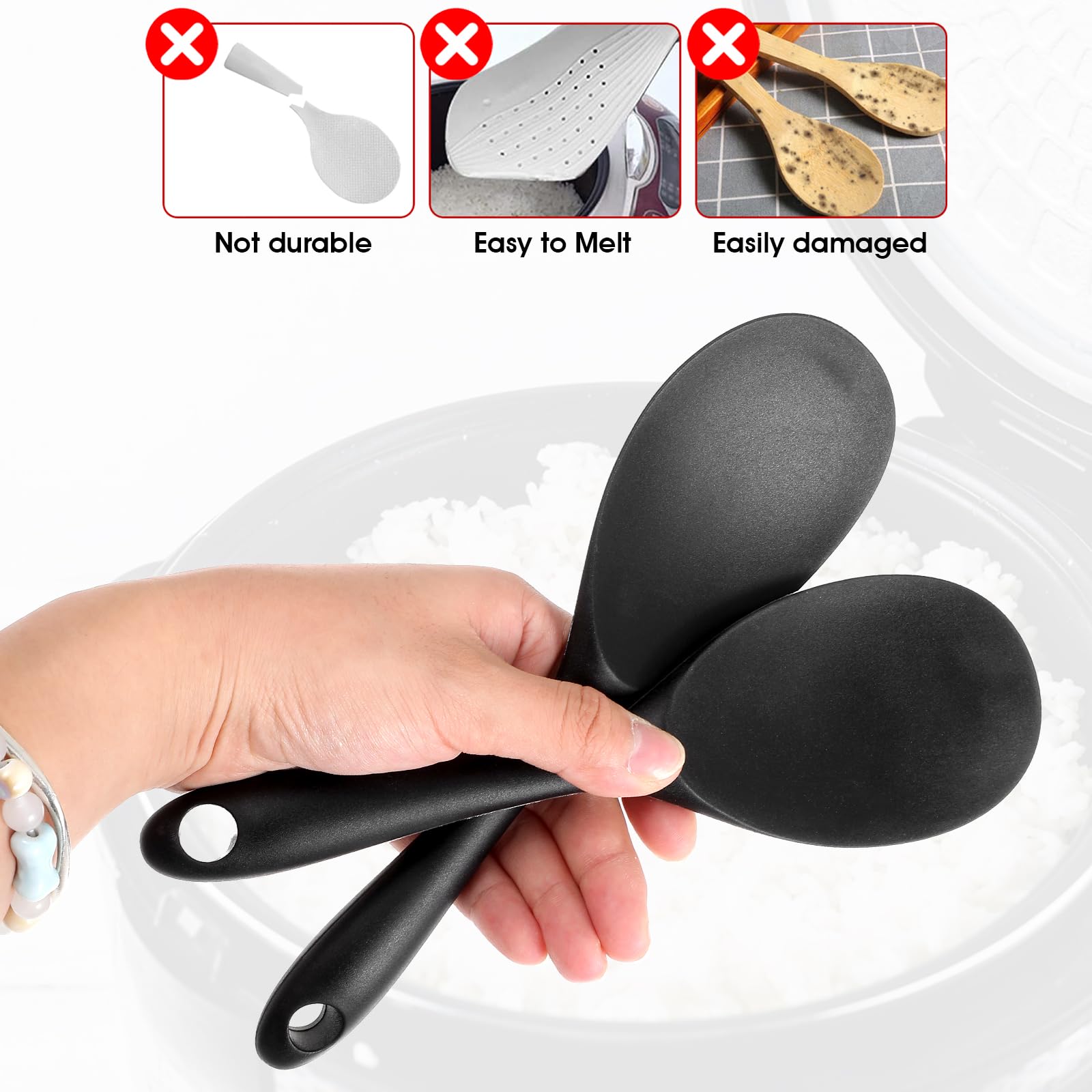 2Pcs Silicone Rice Scooper, 8.7 Inch Non-Stick Rice Paddle for Rice Mashed Potatoes, Heat Resistant Rice Paddle Spoon for Kitchen Cooking Serving Baking Stirring（Black）