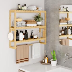 Bathroom Shelf Storage Organizer,5.9''D*23.6''W*21.2''H,Floating Wall Mount 3-Tier Adjustable Layer Bamboo Kitchen Organizer with Bar, Standing Shelf Units, Towel Rack Hanging Rod for Bathroom(Beige)