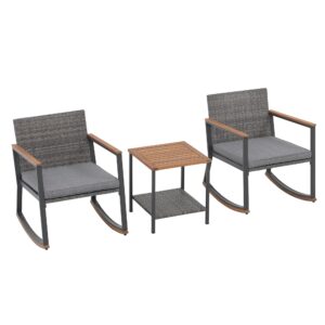 mydepot wicker rocking bistro set of 3, outdoor rocker chair furniture conversation sets with coffee table & cushions, patio rattan for balcony, lawn, porch poolside (light gray)