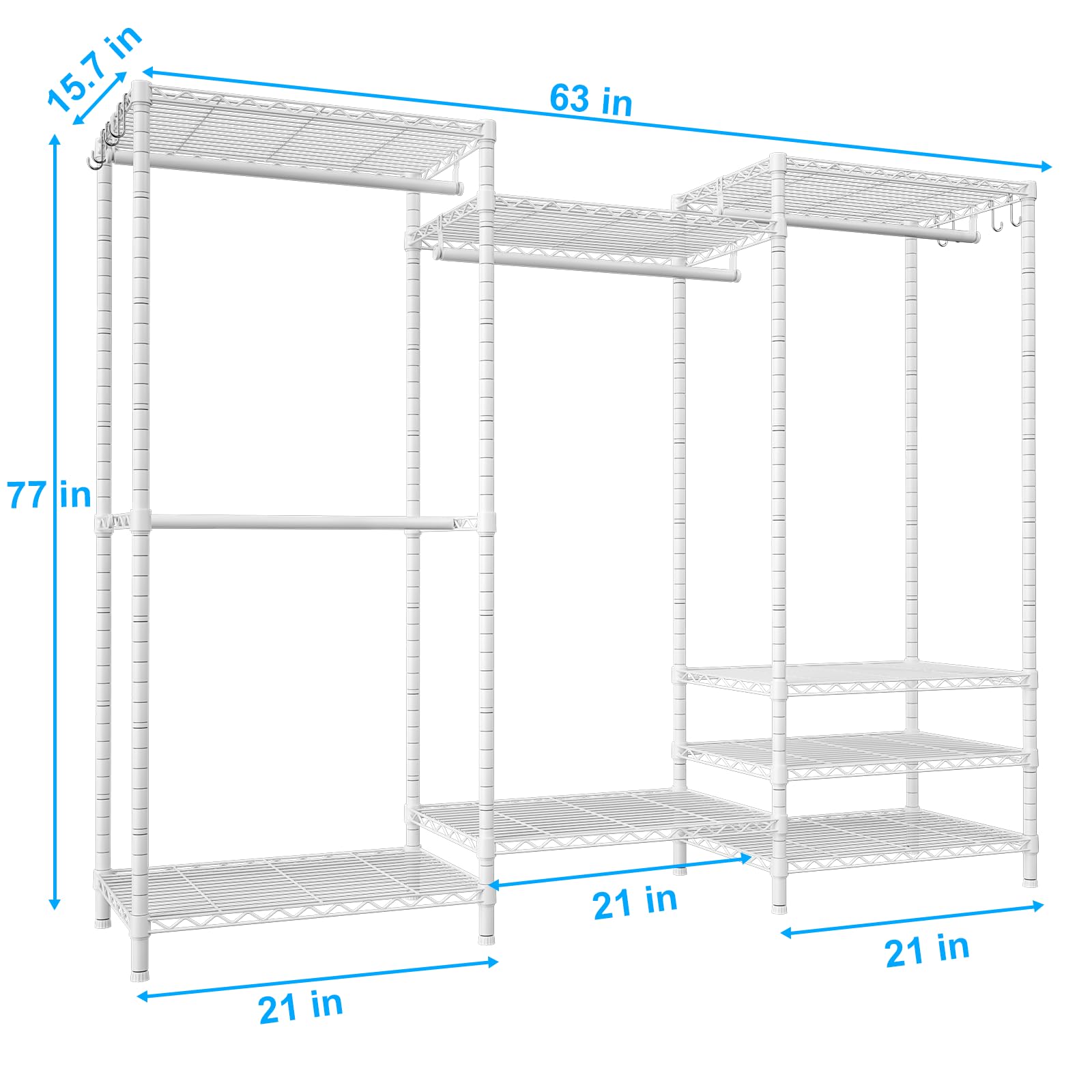 Ulif E13 Heavy Duty Clothes Rack（With 4 Hanger Rods & 8 Shelves） Freestanding Clothing Racks for Hanging Clothes，Adjustable Closet Organizer，Metal Garment Rack 63" W x16 D x77 H，Max Load 900LBS，White