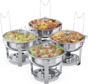 alpha living chafing dish buffet set of 4 – complete stainless steel chaffe buffet set with glass lids, chafing fuel holder – elegant and practical warmer trays for buffet, wedding, catering supplies