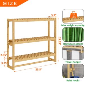 Bathroom Shelf Storage Organizer,5.9''D*23.6''W*21.2''H,Floating Wall Mount 3-Tier Adjustable Layer Bamboo Kitchen Organizer with Bar, Standing Shelf Units, Towel Rack Hanging Rod for Bathroom(Beige)