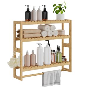 bathroom shelf storage organizer,5.9''d*23.6''w*21.2''h,floating wall mount 3-tier adjustable layer bamboo kitchen organizer with bar, standing shelf units, towel rack hanging rod for bathroom(beige)