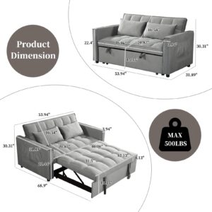 ZKJOLMN 3 in 1 Convertible Pull Out Couch Bed, Velvet Sleeper Sofa Couch with Pull Out Bed, Loveseat Sleeper with Adjustable Backrest, Pull Out Sofa Bed Sleeper for Living Room (Grey)