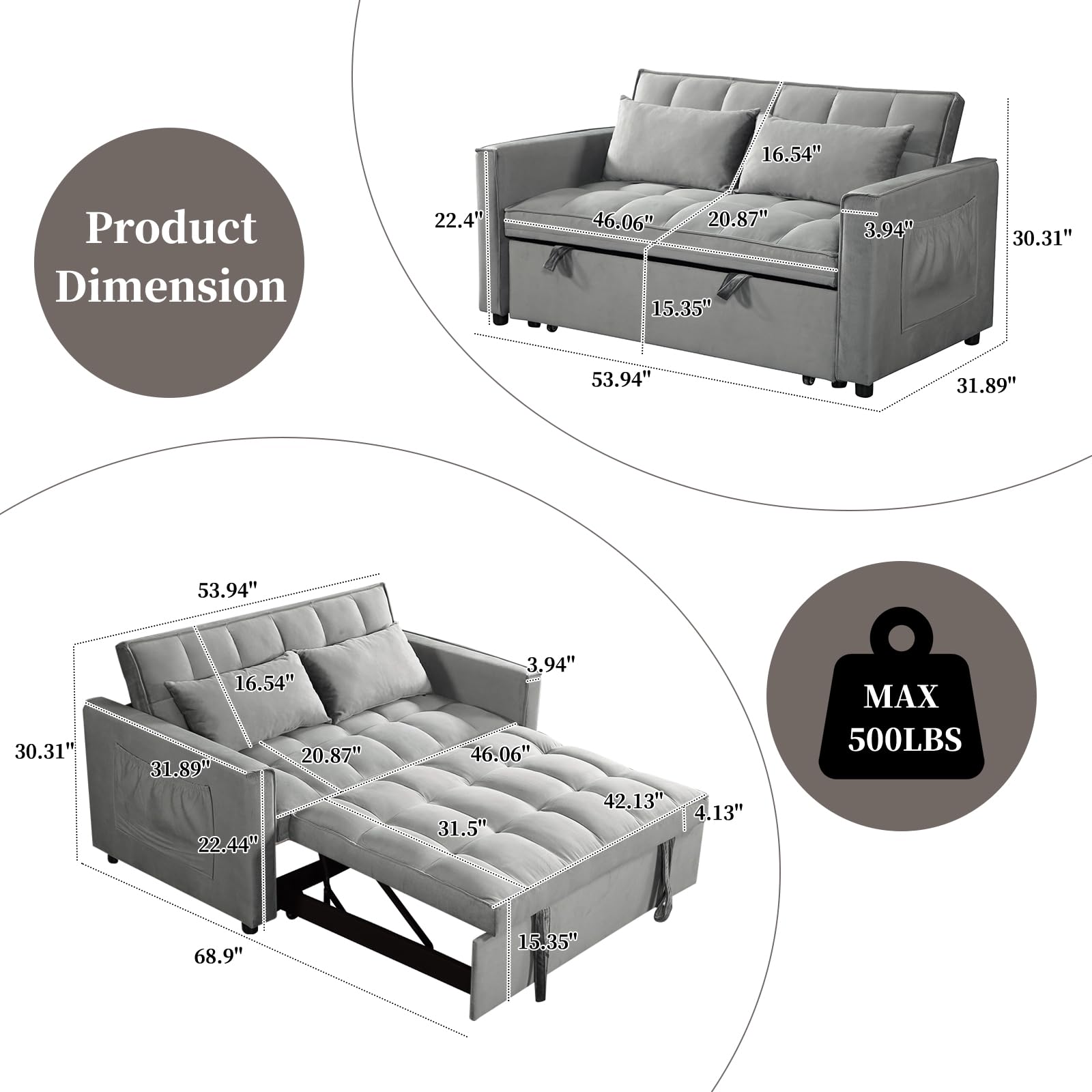 ZKJOLMN 3 in 1 Convertible Pull Out Couch Bed, Velvet Sleeper Sofa Couch with Pull Out Bed, Loveseat Sleeper with Adjustable Backrest, Pull Out Sofa Bed Sleeper for Living Room (Grey)