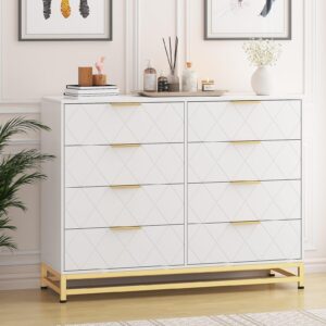 Patikuin 8 Dresser for Bedroom Wooden with 8 Drawer, Chest of Drawers Wide Dresser with Metal Handle, White Dresser for Bedroom,Living Room,Hallway and Entryway