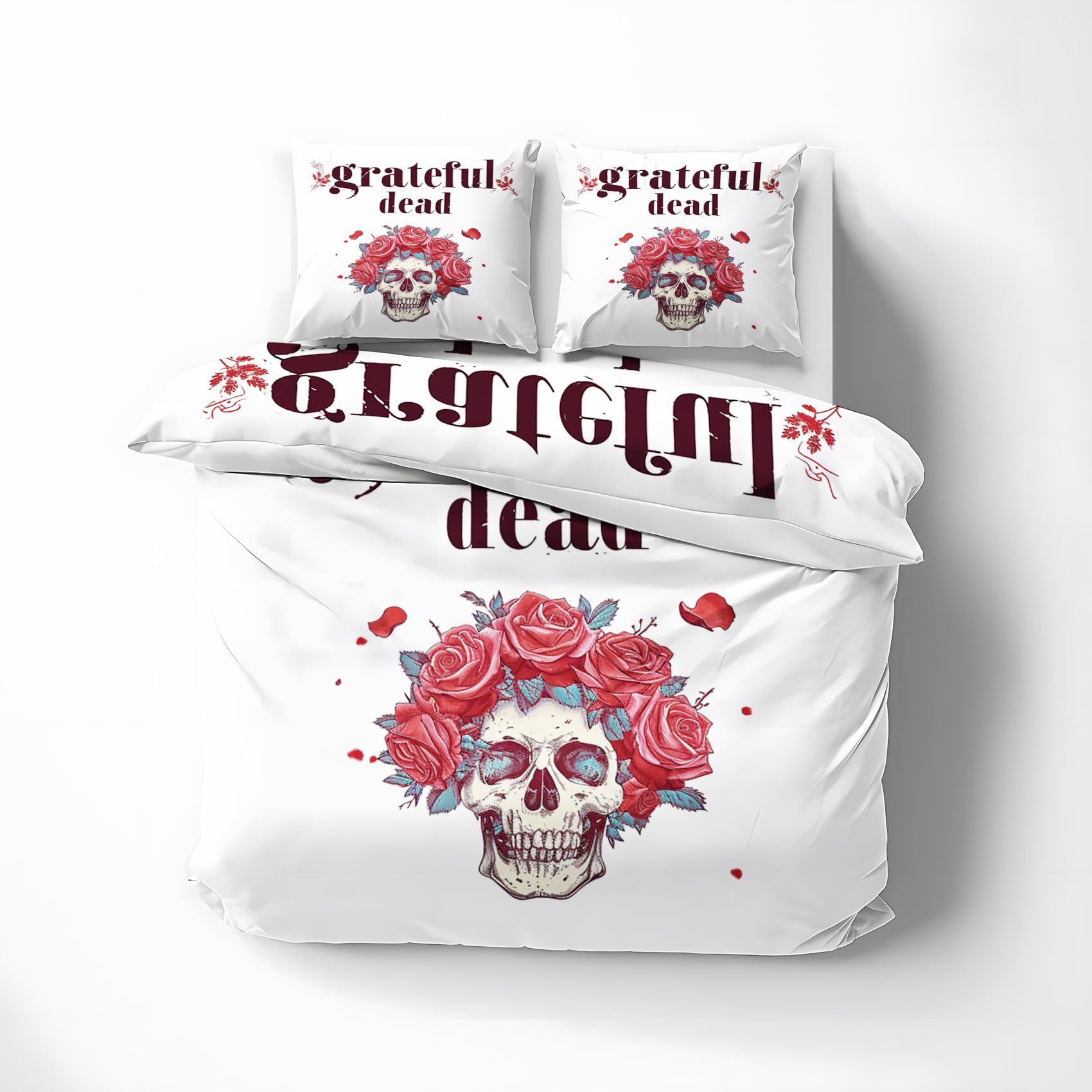 AopGlyvyr Grateful Dead Duvet Cover Queen Size, Sugar Skull Comforter Cover, Day of The Dead Bedding Set, Breathable Duvet Cover with Zipper Closure, 3 Pieces with 1 Duvet Cover and 2 Pillowcase