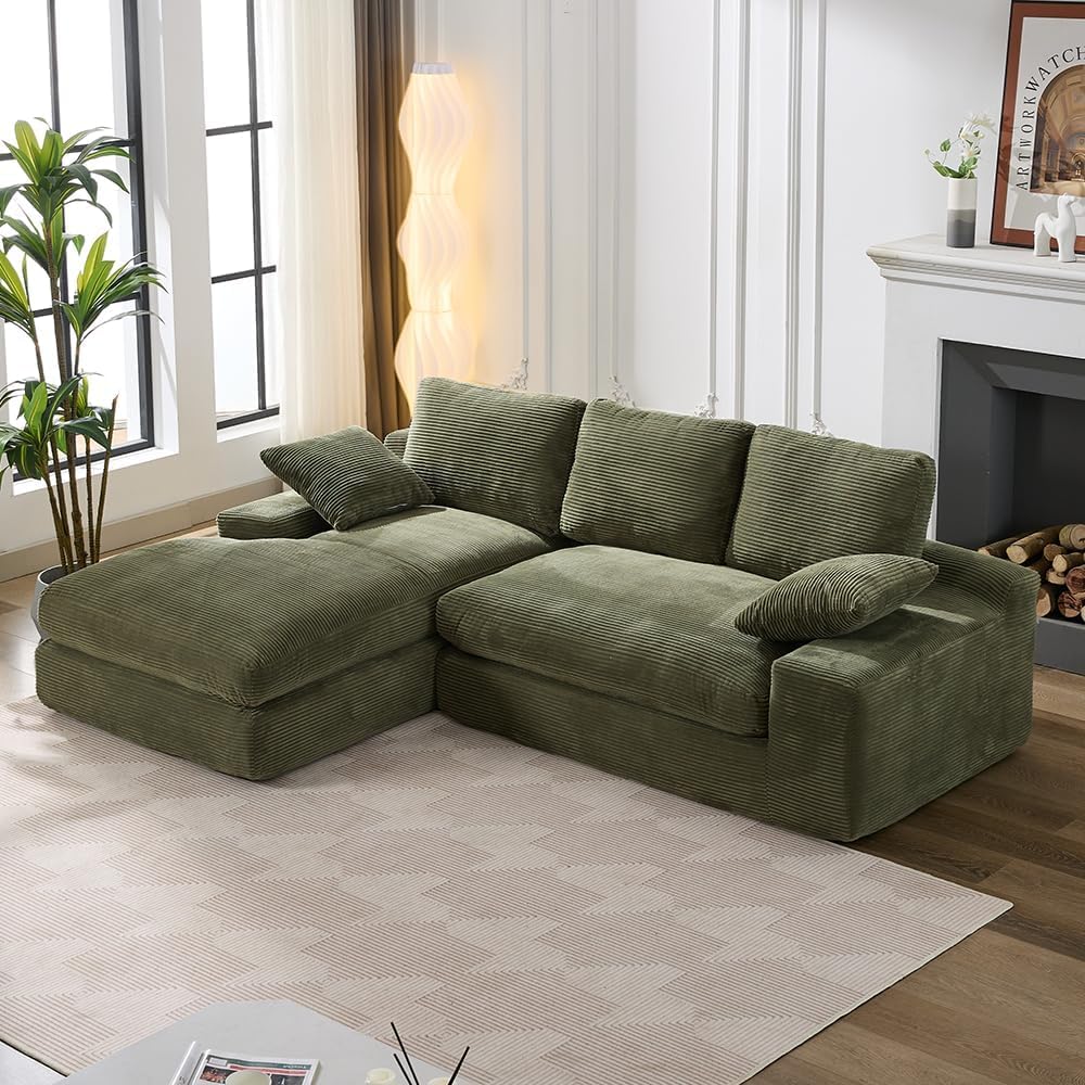 JURMALYN 98" Sectional Sofa Cloud Couch for Living Room Comfy Sectional Couch L-Shaped Sofa 3 Seat Foam Couch with Left Chaise Lounge, Deep Seat Sofa for Home Office, No Assembly, Green