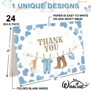 Whaline 24 Pack Cowboy Thank You Card Blue Cow Print Greeting Card with Envelope Sticker Cow Spot Blank Note Card for Baby Shower Party Invitation Supplies, 4 x 6 Inch