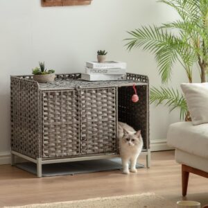 SETVSON Cat Litter Box Enclosure Cat Litter Box Furniture with Divider, Rattan Litter Box Enclosure with Cat Litter Mat, 31.2×19.6×24.2 Inches Hidden Cat Litter Box Cat House for Living Room (Gray)